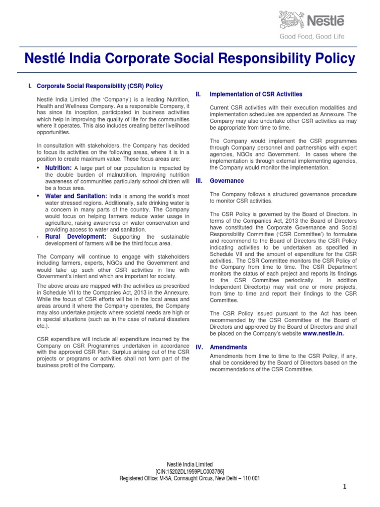 Nestlé India Corporate Social Responsibility Policy | Corporate Social ...