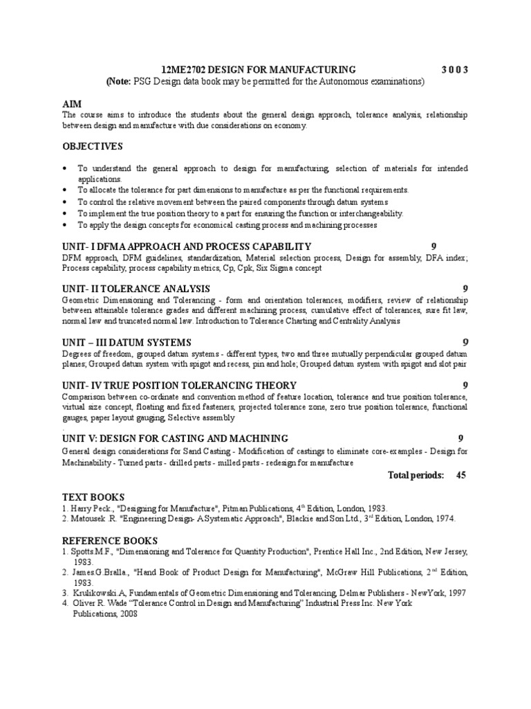 Design For Manufacturing - Syllabus | PDF | Engineering Tolerance ...