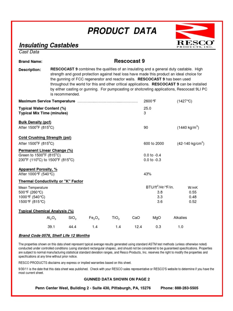 Rescocast 9 PDS | PDF | Refractory | Chemistry