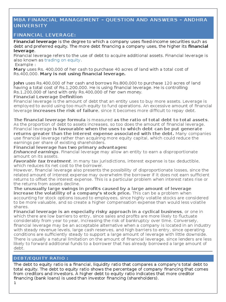 Financial Management - Mba Question Answers | PDF | Financial Risk ...