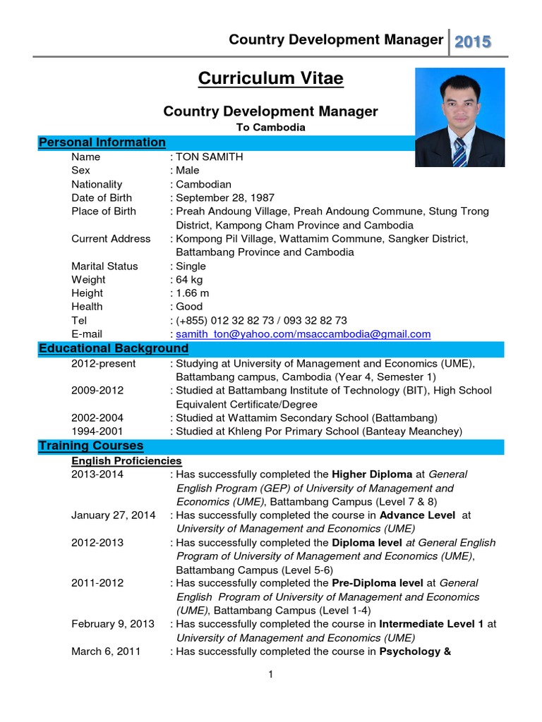 Country Development Manager Sample CV or Resume | PDF | Cambodia | Academia