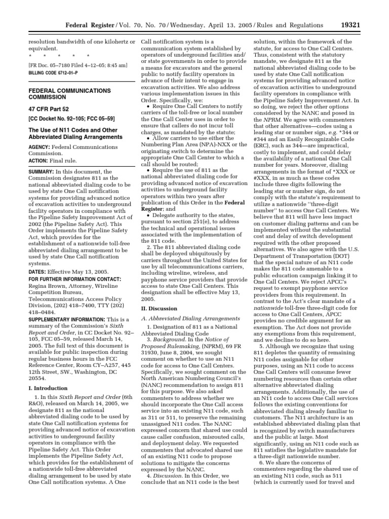 Rule: Common Carrier Services: N11 Codes and Other Abbreviated Dialing ...