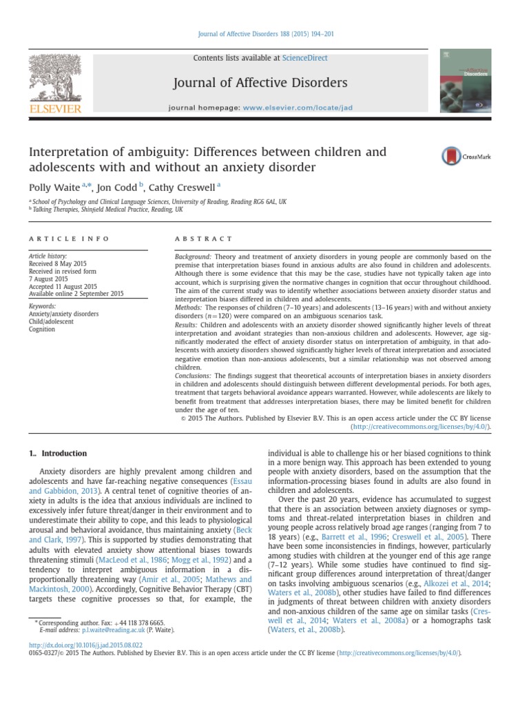 Journal of Affective Disorders | PDF | Anxiety Disorder | Adolescence
