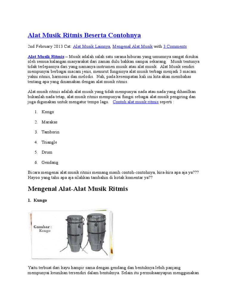 Alat Musik Ritmis Beserta Contohnya | PDF | Griya & Taman