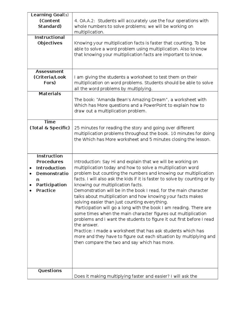 Multiplication Lesson Plan 1 | PDF | Worksheet | Lesson Plan