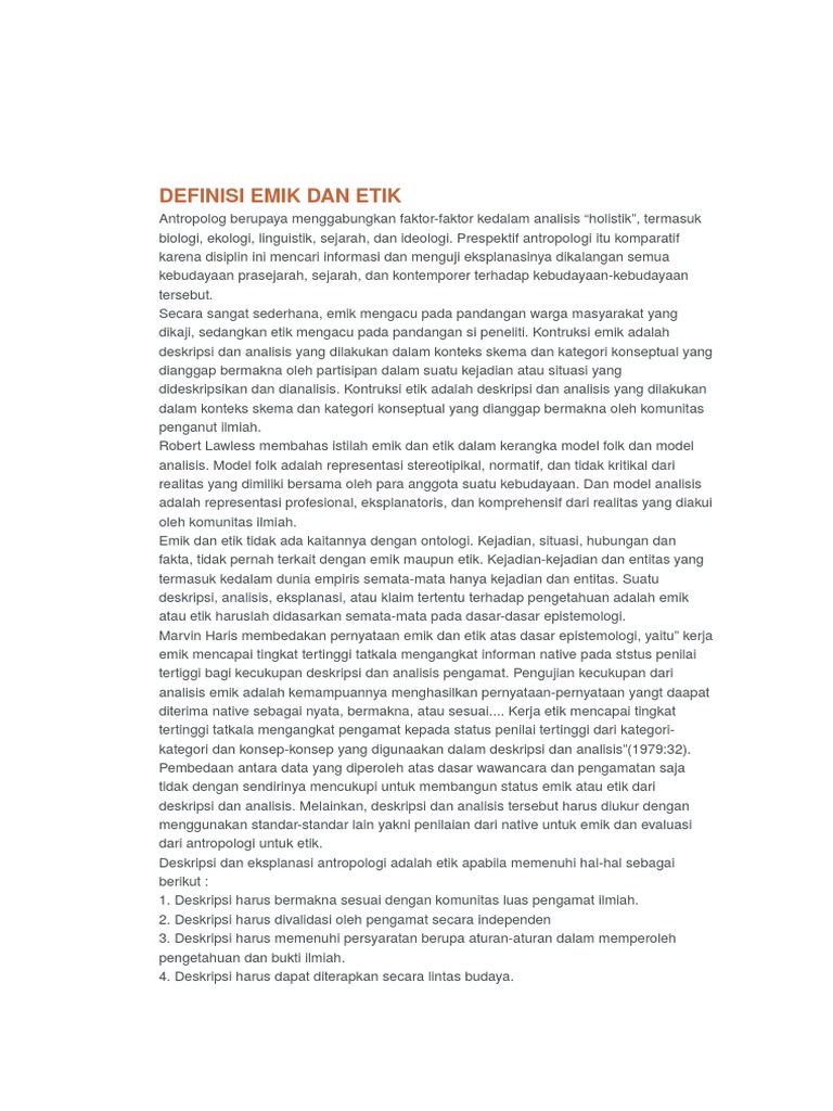 Pembedaan Emik dan Etik dalam Antropologi | PDF