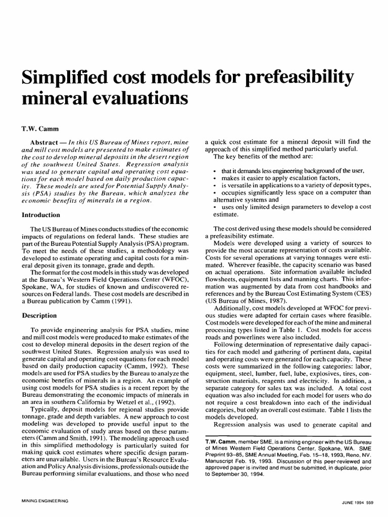 Simplified Cost Models For Prefeasibility Mineral Evaluations 2005 ...