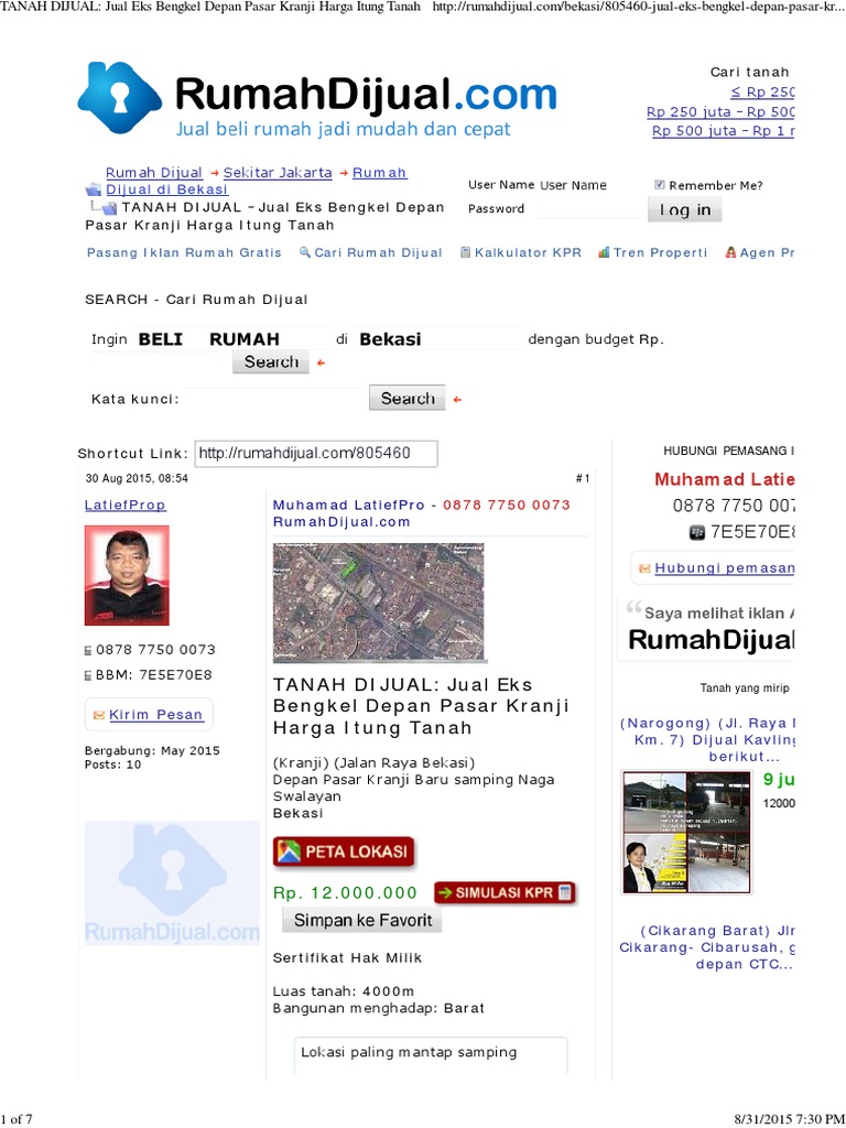 TANAH DIJUAL - Jual Eks Bengkel Depan Pasar Kranji Harga Itung Tanah | PDF