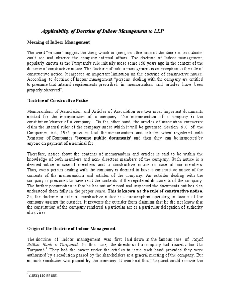 Applicability Doctrine Indoor Management | PDF | Limited Liability ...