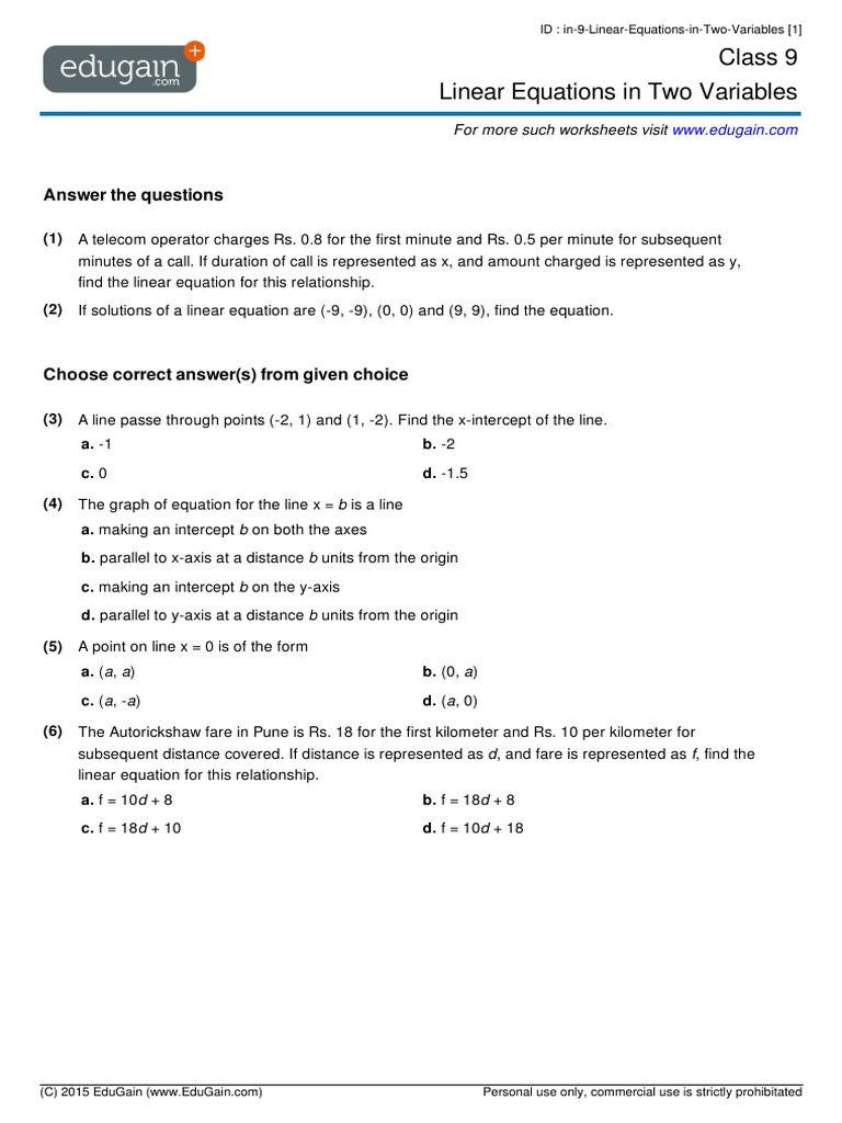 Grade 9 Linear Equations in Two Variables in | PDF | Line (Geometry ...