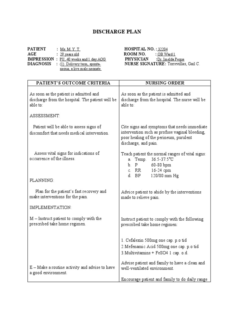 Discharge Plan: Patient'S Outcome Criteria Nursing Order | PDF ...