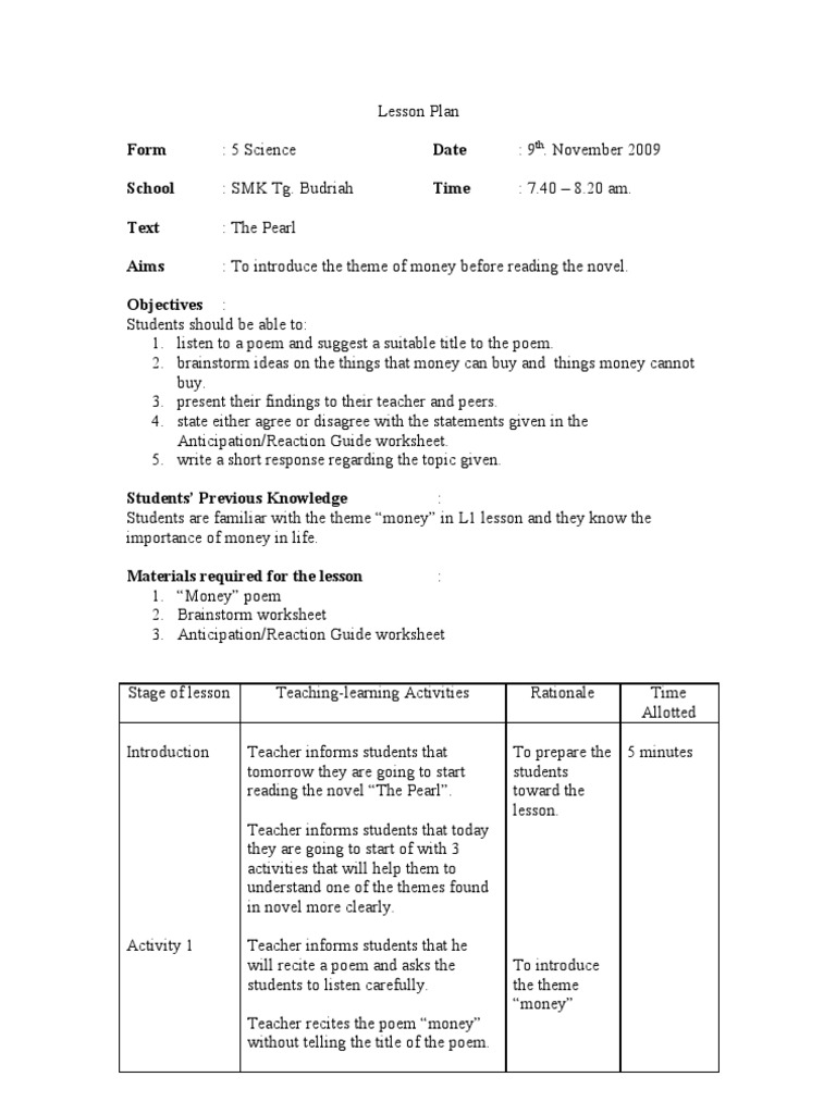 Exploring Money in "The Pearl" Lesson | PDF | Brainstorming | Lesson Plan