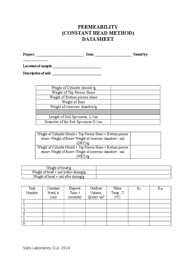 Permeability (Constant Head Method) Data Sheet | PDF