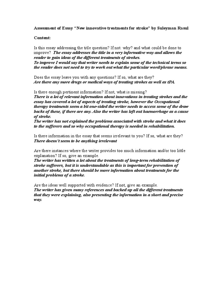 Assessment of Essay "New Innovative Treatments For Stroke" by Suleyman ...