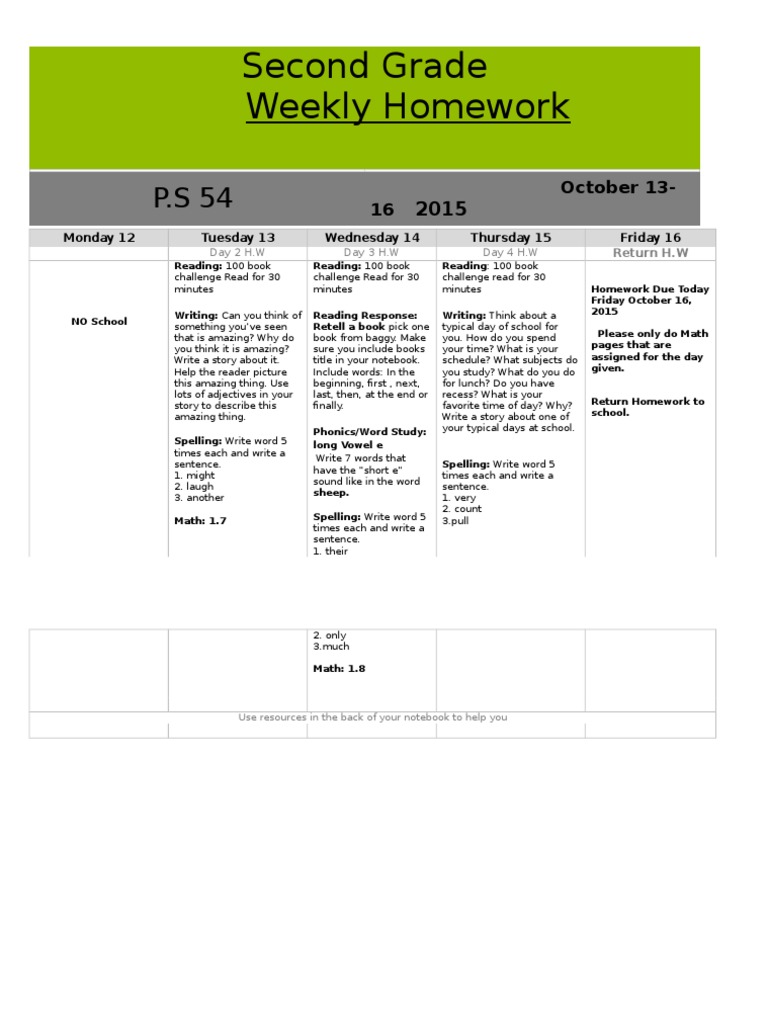 Second Grade Weekly Homework Plan | PDF