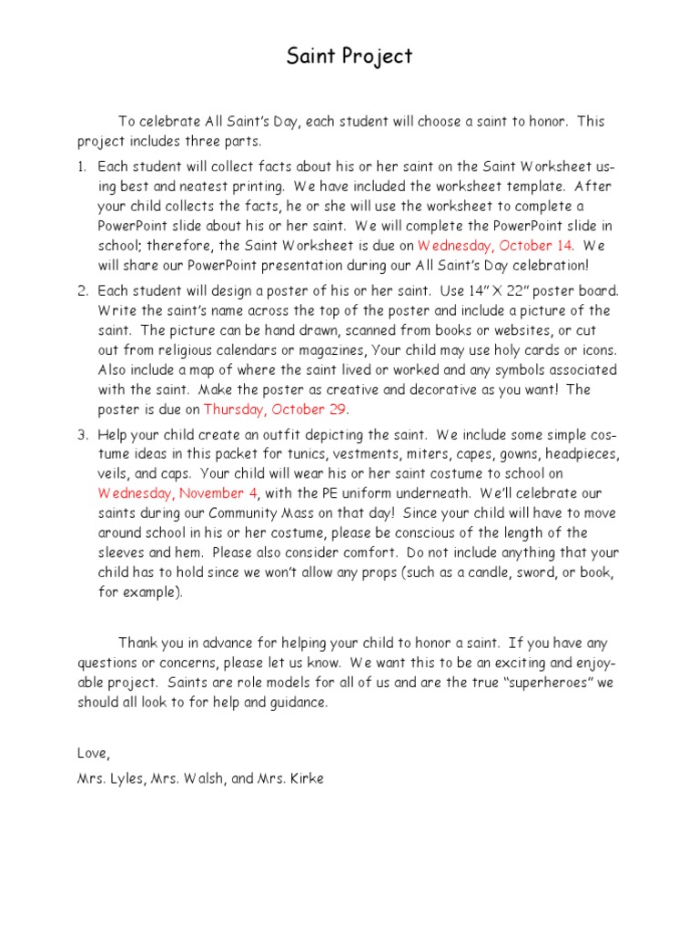 All Saints Day Project Guidelines | PDF
