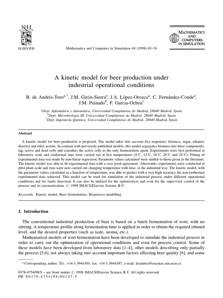 A Kinetic Model For Beer Production Under Industrial Operational ...