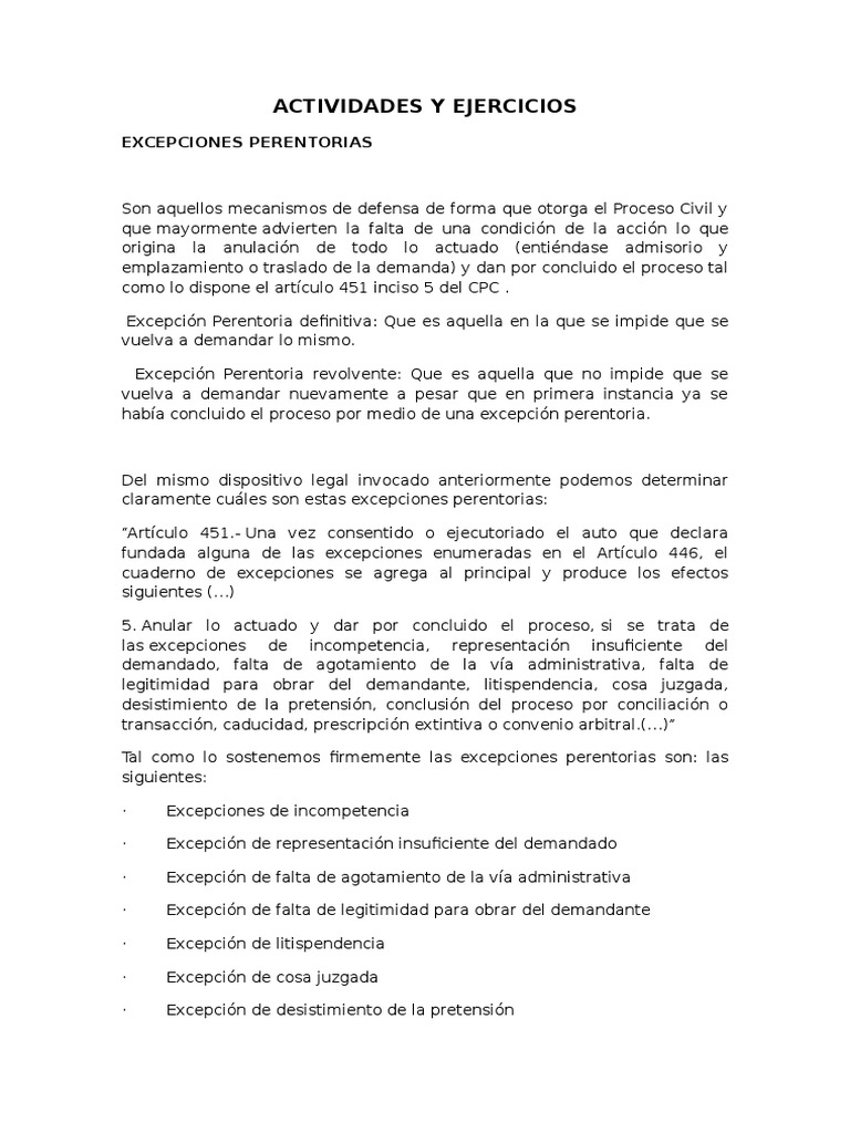 Excepciones Perentorias en Proceso Civil | PDF