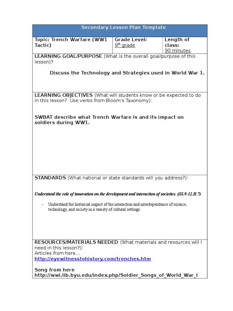 9 Grade 90 Minutes Lesson) ?: Secondary Lesson Plan Template | PDF ...