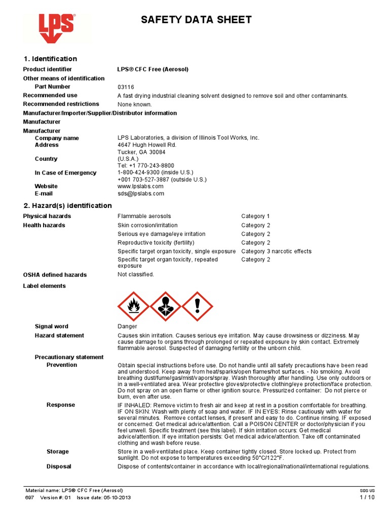 Lps CFC Free Aerosol Msds | PDF | Dangerous Goods | Firefighting