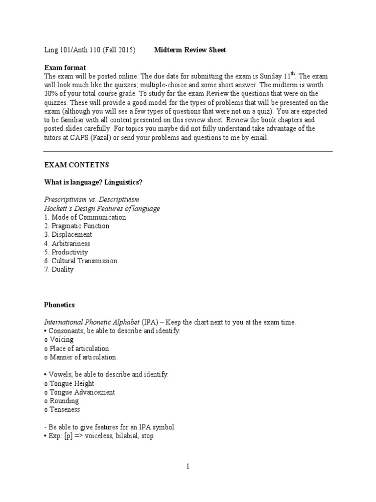 Ling 101 Fall 2015 Midterm Study Sheet Pdf Morphology Linguistics