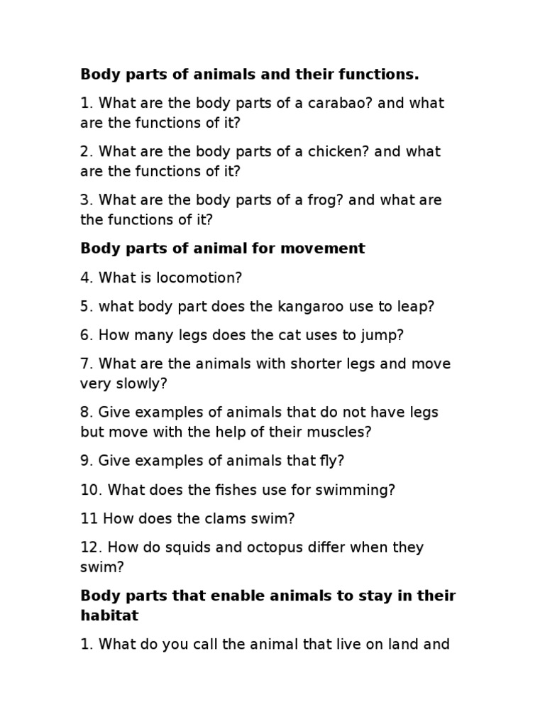 Animal Body Parts and Functions Guide | PDF | Animal Locomotion | Organisms