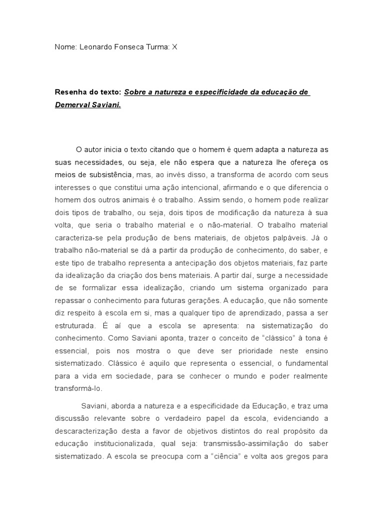 Resenha Sobre Natureza e Especificidade Da Educação de Demerval Saviani ...