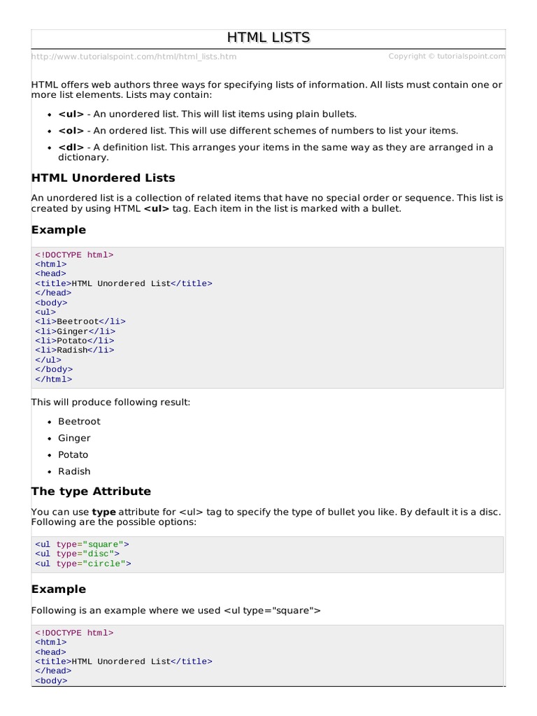 HTML Lists | PDF | Html Element | Html HTML Lists | PDF | Html Element | Html