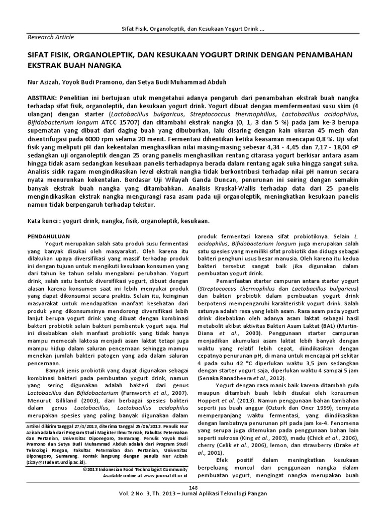 Sifat Fisik, Organoleptik, Dan Kesukaan Yogurt Drink Dengan Penambahan Ekstrak Buah Nangka | PDF