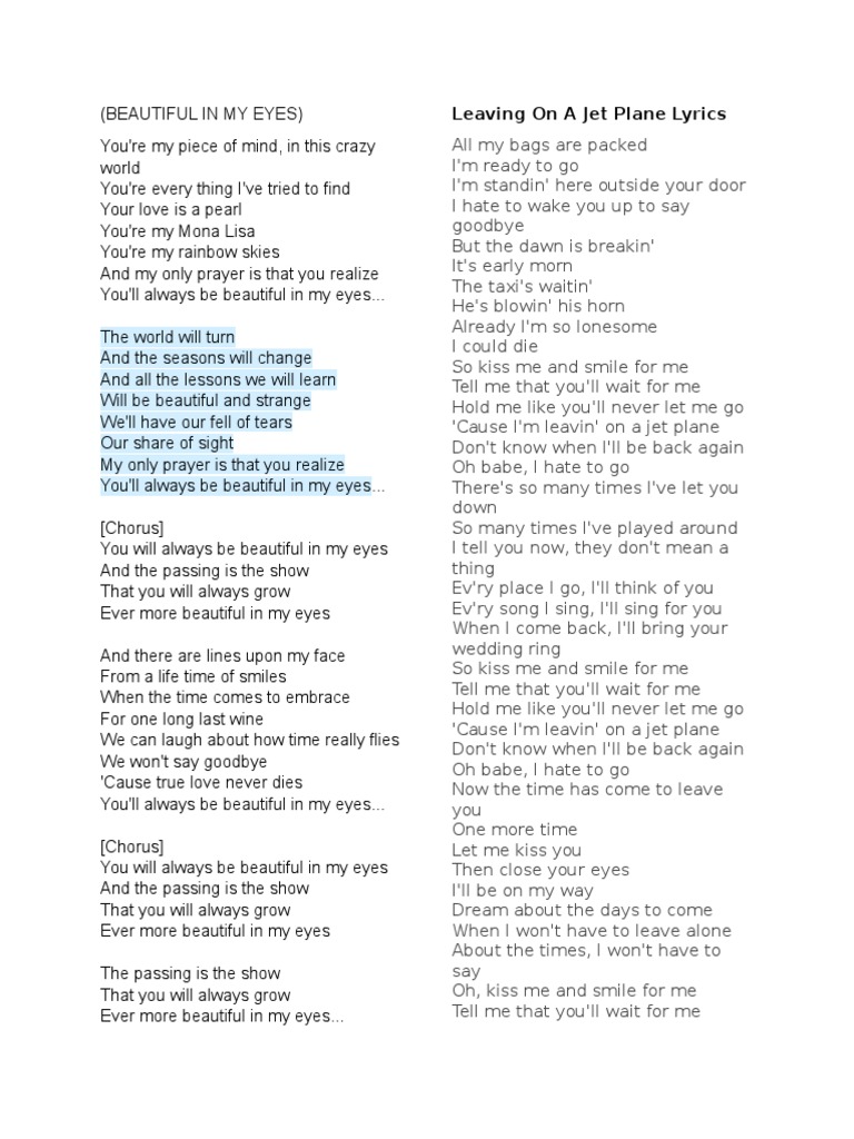 Leaving On A Jet Plane Lyrics | PDF | Leisure | Entertainment (General)