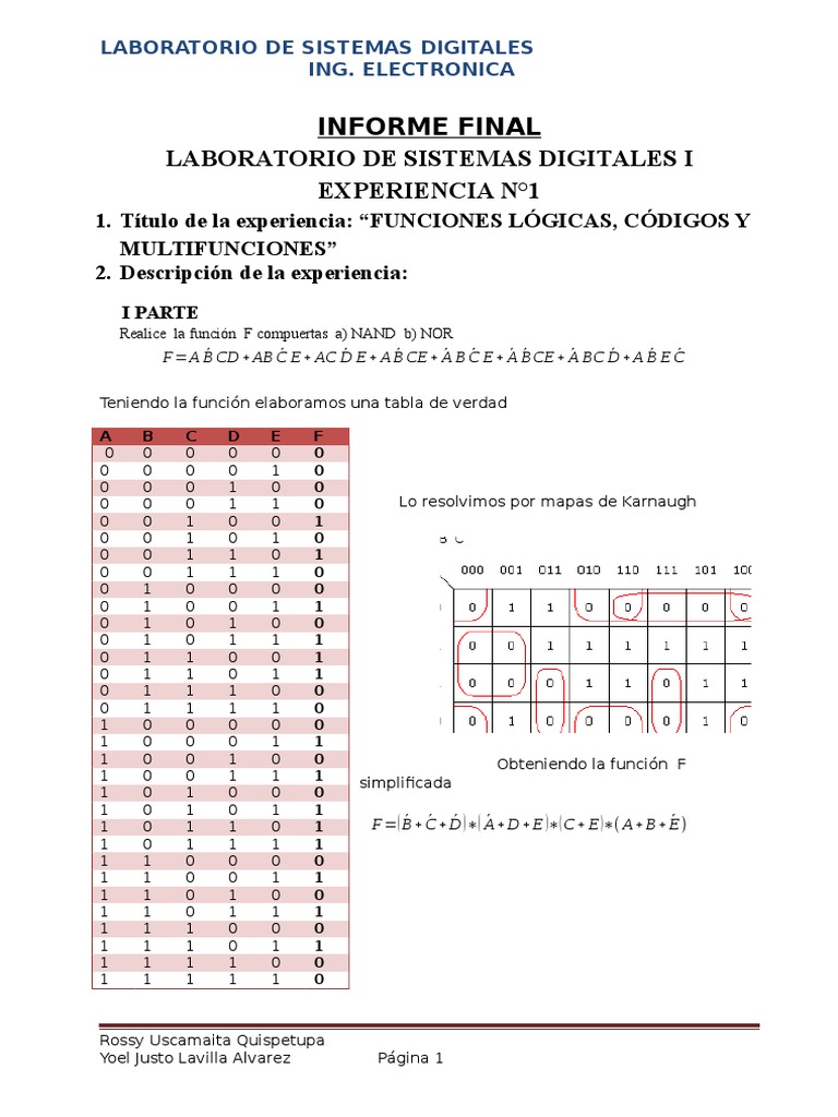 Informe Final Lab. Nro 1 | PDF | Puerta lógica | Decimal codificado en binario
