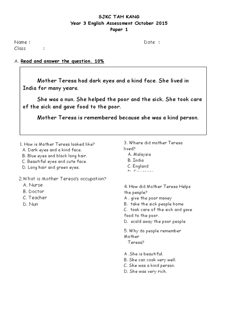 Year 3 English Assessment | PDF | Rectangle | Nature