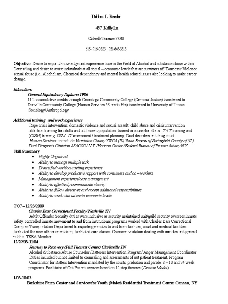 Resume of Debbrareeder | PDF | Substance Abuse | Domestic Violence