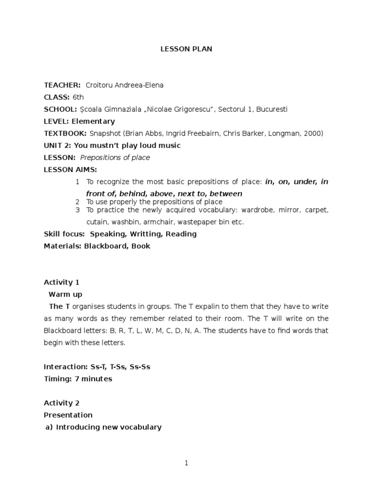 0 Lesson Plan Prepositions of Place | PDF