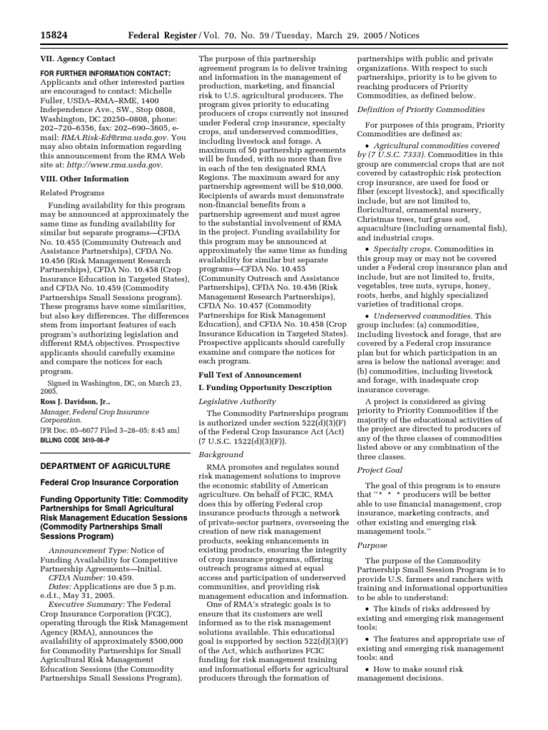 Notice: Grants and Cooperative Agreements Availability, Etc.: Commodity ...