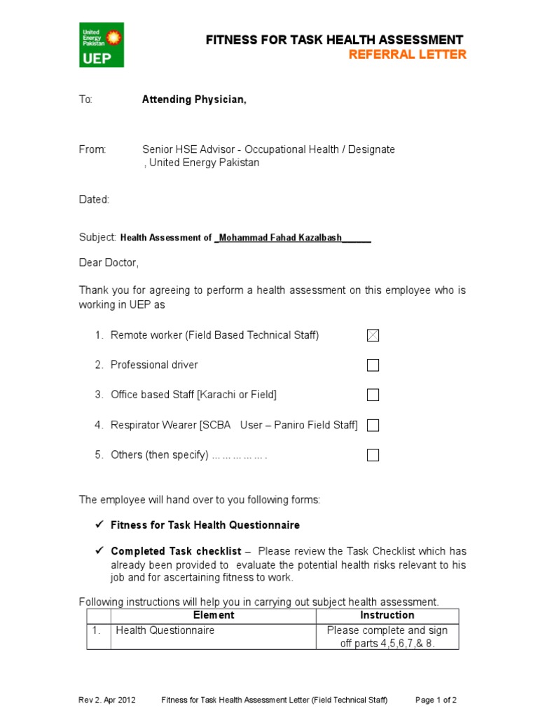 2-Fitness For Task Health Assessment Letter - Field Technical Staff ...