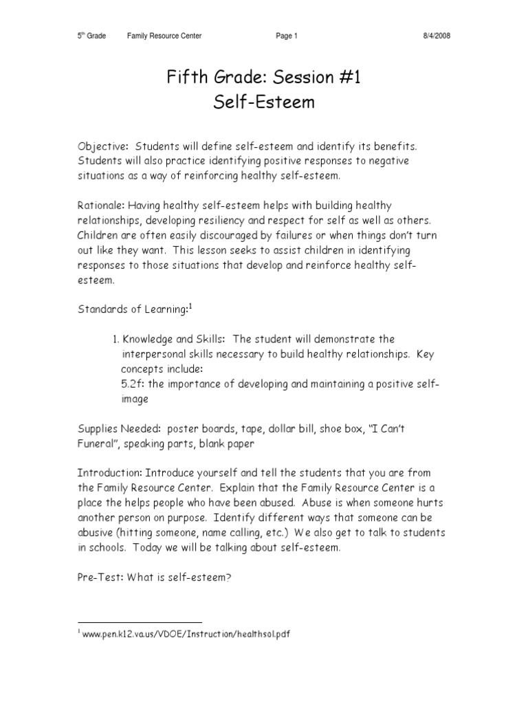 5th Grade Self-Esteem Lesson Plan | PDF | Self Esteem | Communication
