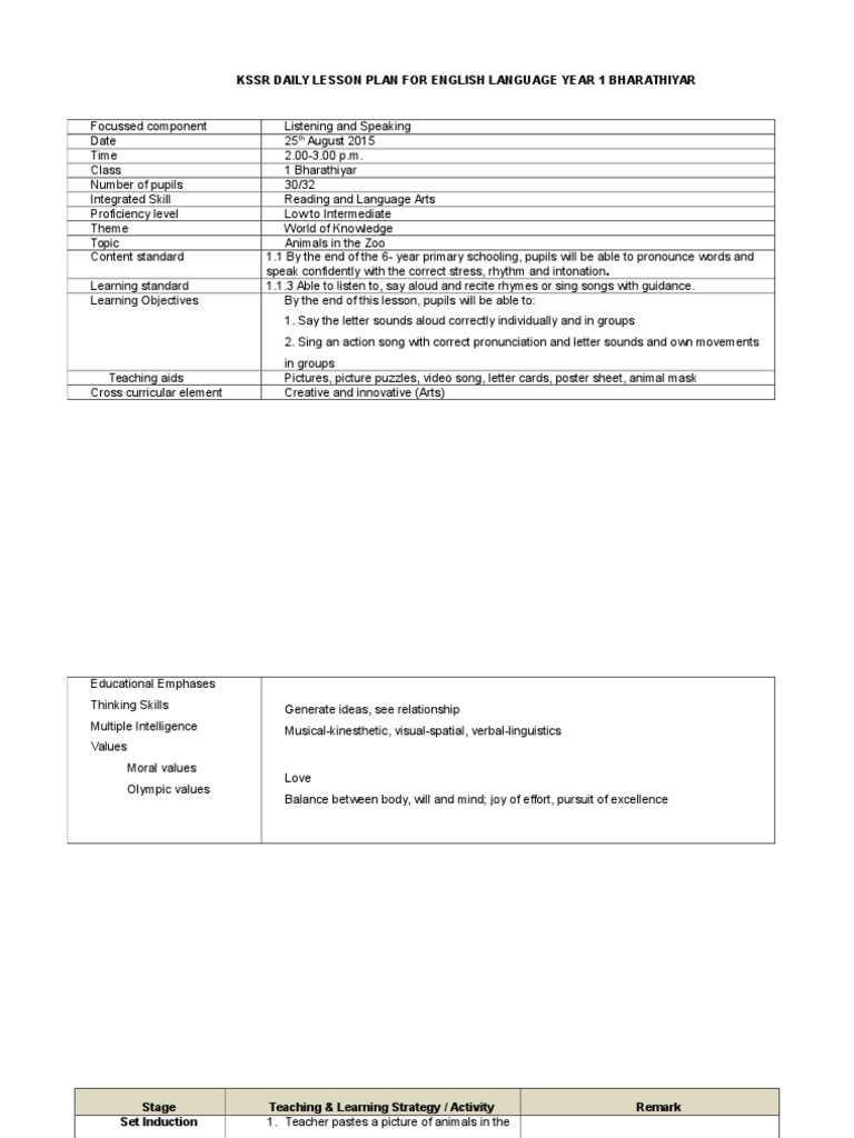 KSSR Daily Lesson Plan For English Language | PDF | Lesson Plan | Teachers