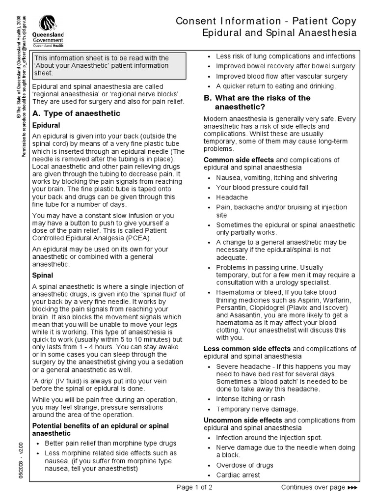 Consent Information - Patient Copy Epidural and Spinal Anaesthesia ...