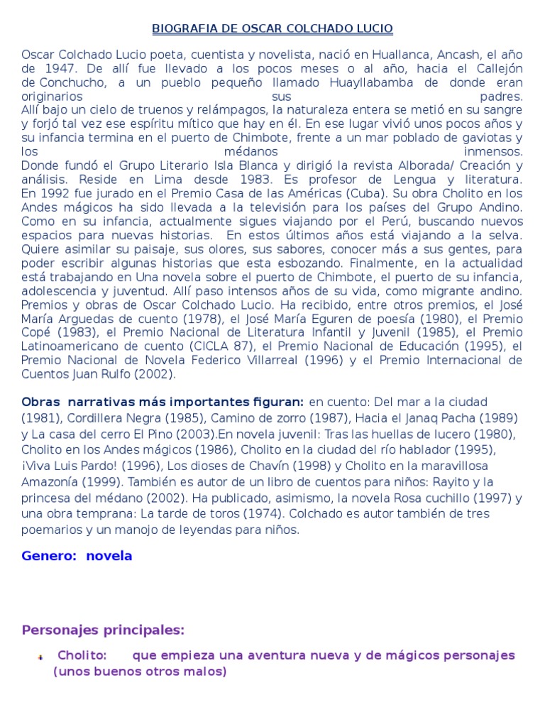 Biografia De Oscar Colchado Lucio Pdf Cuentos Novelas