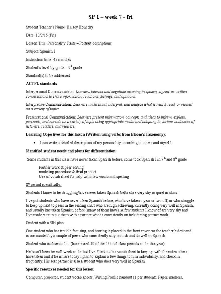 10.9 SP1 Portrait Description Lesson Plan | Download Free PDF | Lesson ...