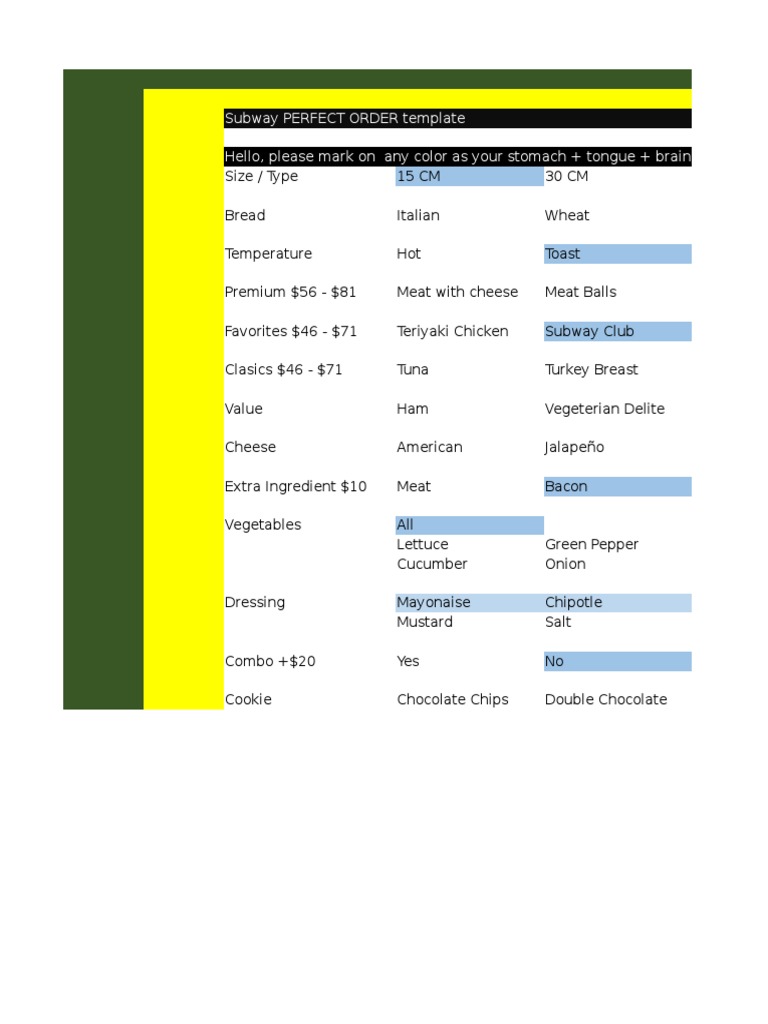 Subway Order Template Guide | PDF | Turkey Meat | Salad