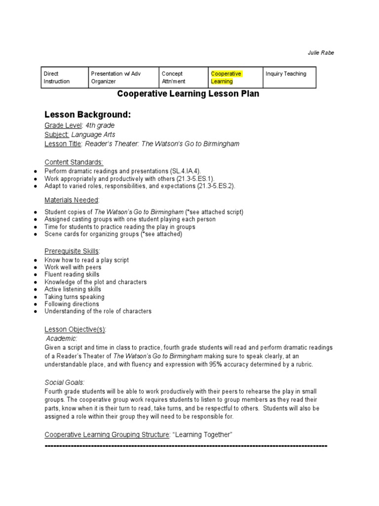Cooperative Learning Lesson Plan | PDF | Lesson Plan | Fluency