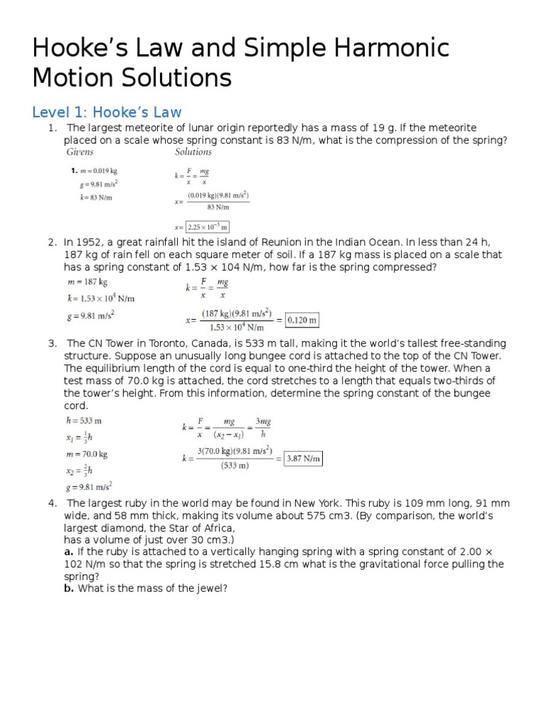 Hooke’s Law and Simple Harmonic Motion Solutions Guide | PDF | Force | Mass