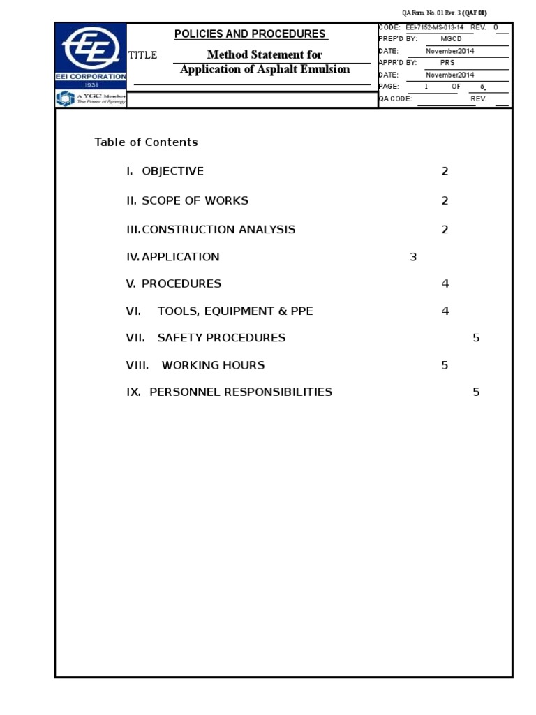 Method Statement - 013 - Application of Asphalt Emulsion | PDF | Road Surface | Asphalt