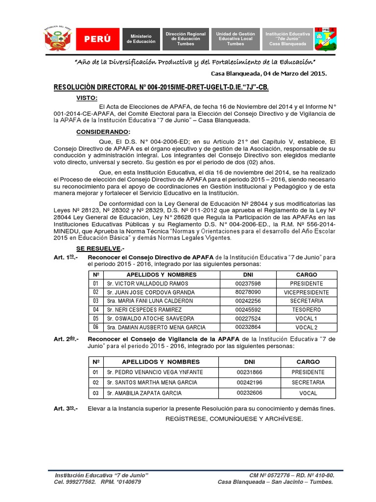 Resoluciones Directoral Apafa 2015 | PDF | Elecciones | Gobierno