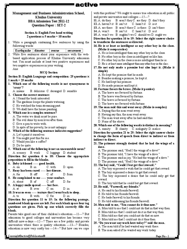 BBA Question Khulna University 2012 | PDF | Bangladesh | Languages