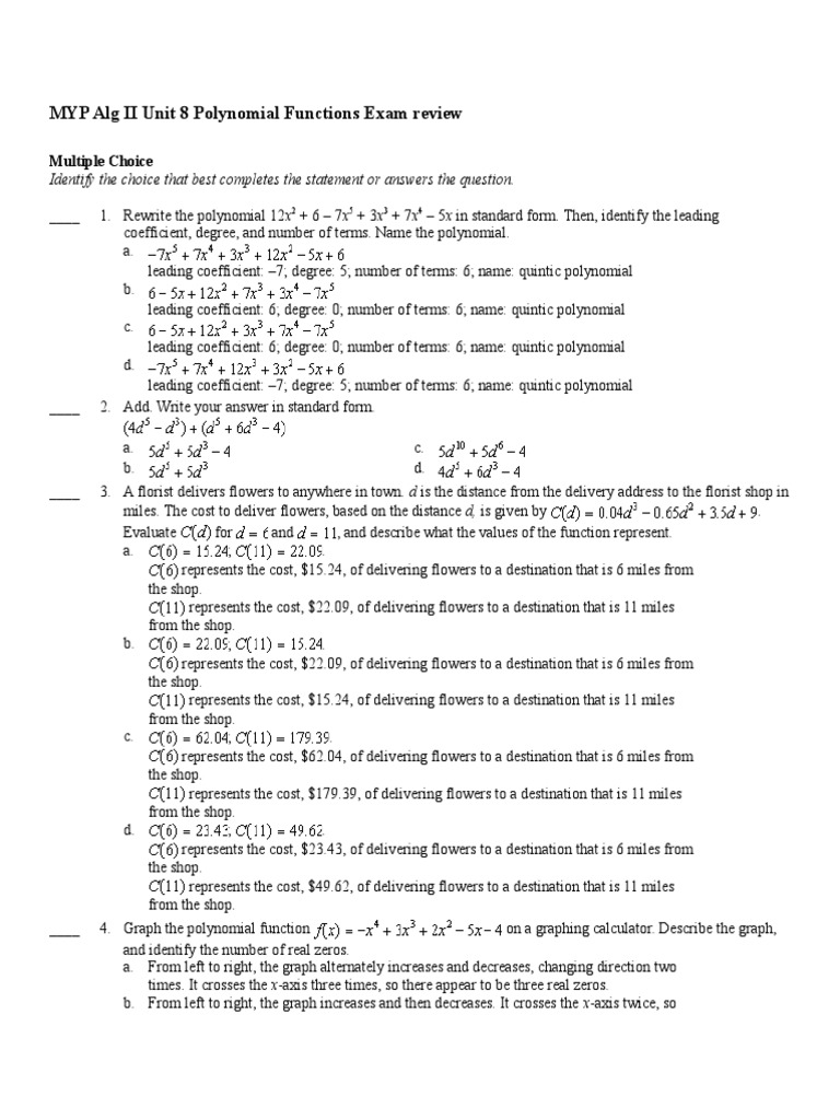 IB Alg II Unit 8 Polynomial Functions Exam Review | PDF | Factorization ...