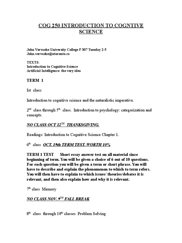 Cog 250 Introduction To Cogntive Science 2015 Syllabus-2 | PDF | Cognitive Science | Essays