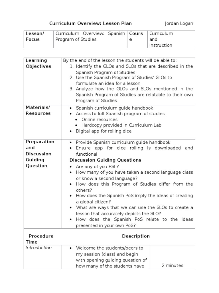 Spanish Curriculum Lesson Plan Overview | PDF | Curriculum | Sharing